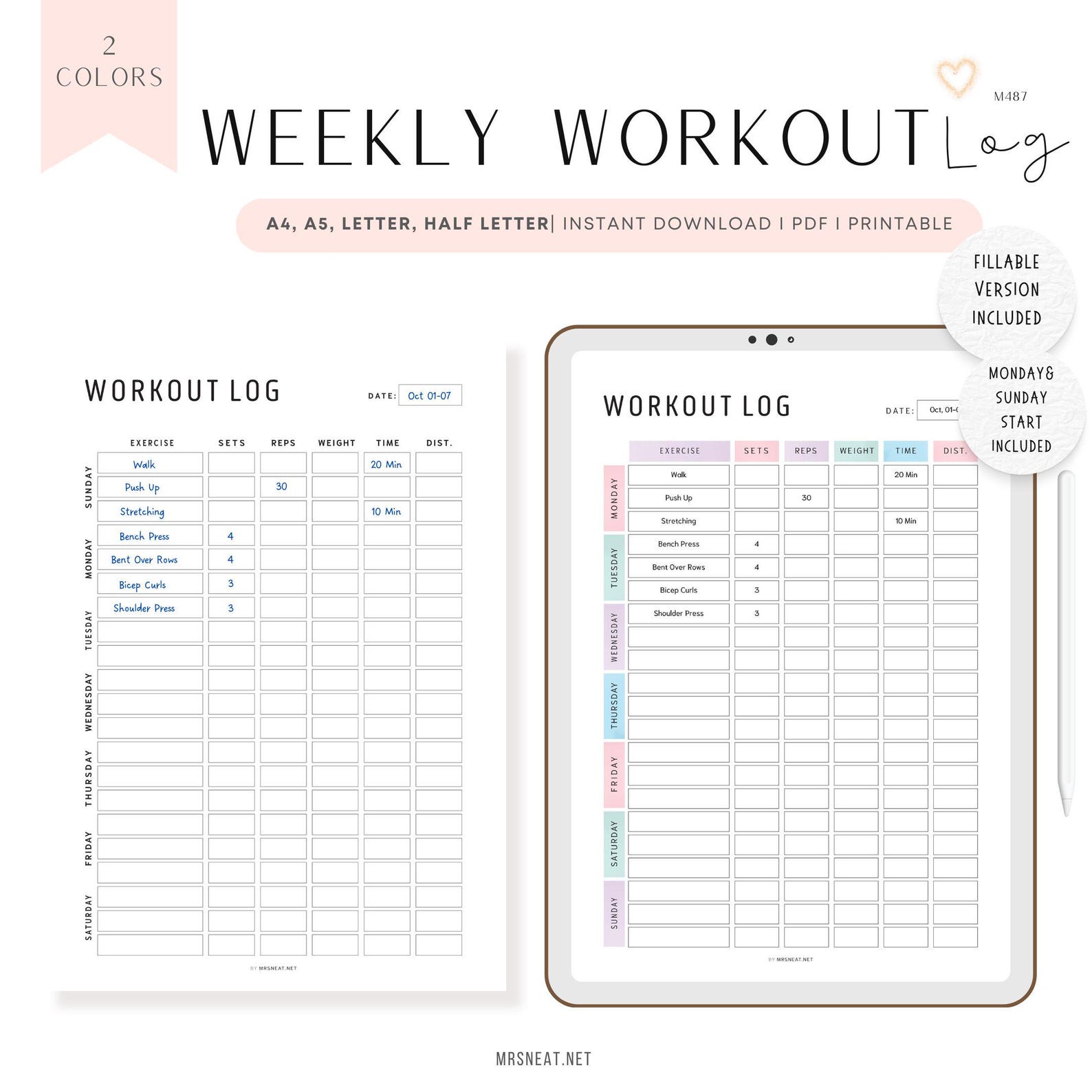 Editable Weekly Workout Log Printable, Daily Workout Planner, Exercise ...