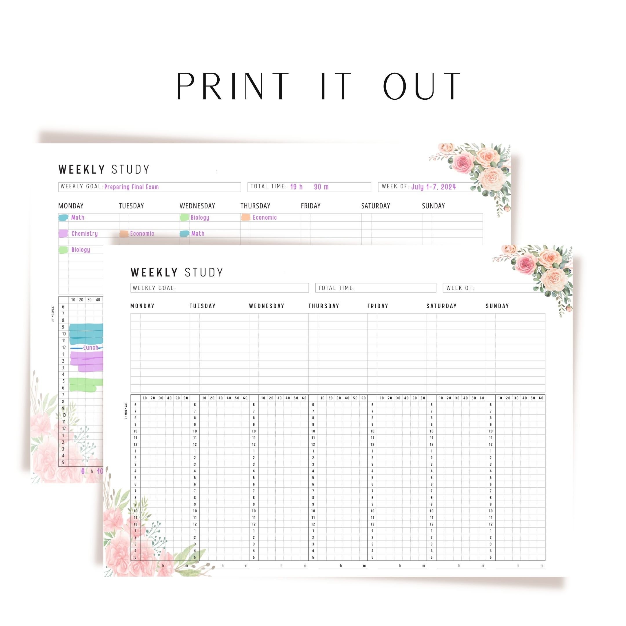 Weekly Study Planner Template, Study Tracker Printable, Floral Study ...