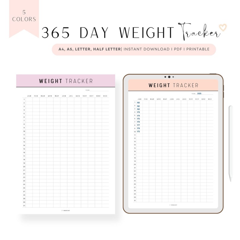 365 Day Weight Tracker Printable, Daily Weight Journal, Weight Loss ...