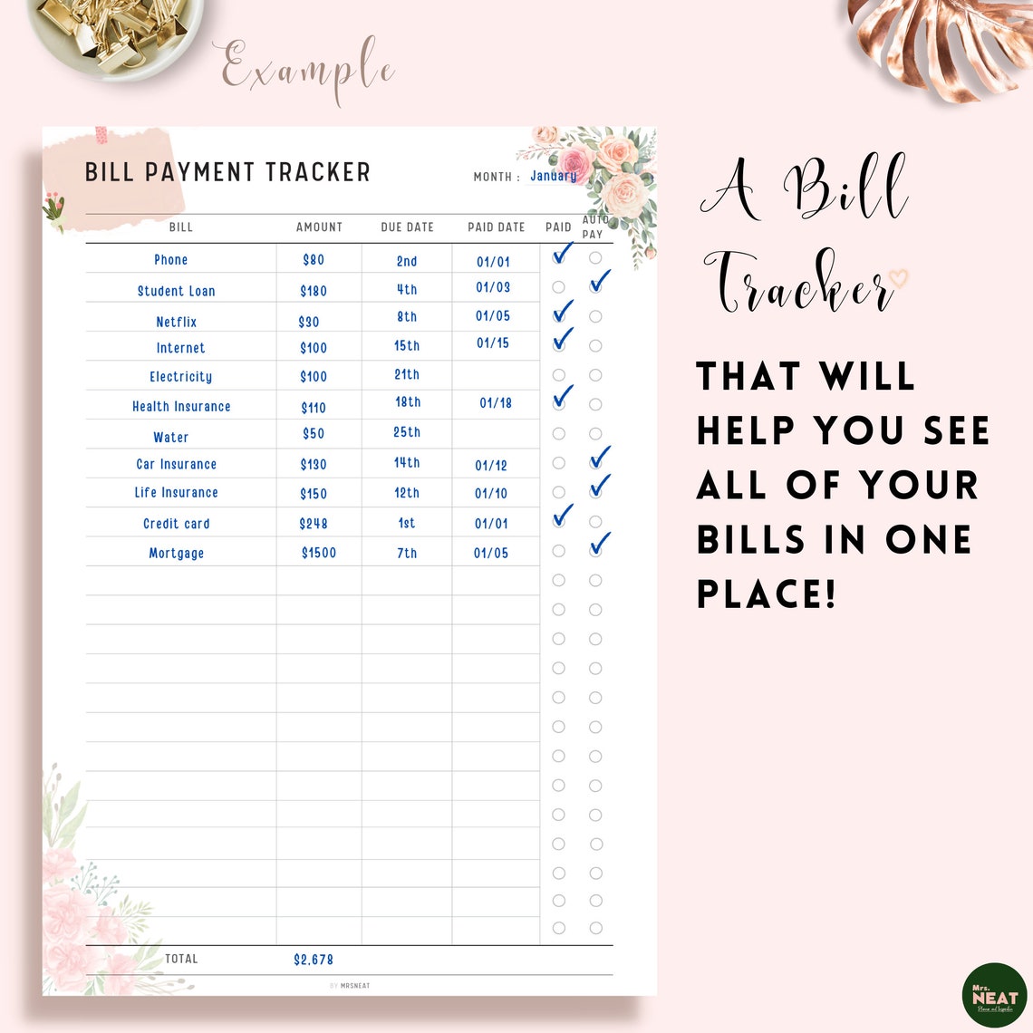 Floral Monthly Bill Payment Tracker Printable Bill Tracker - Etsy