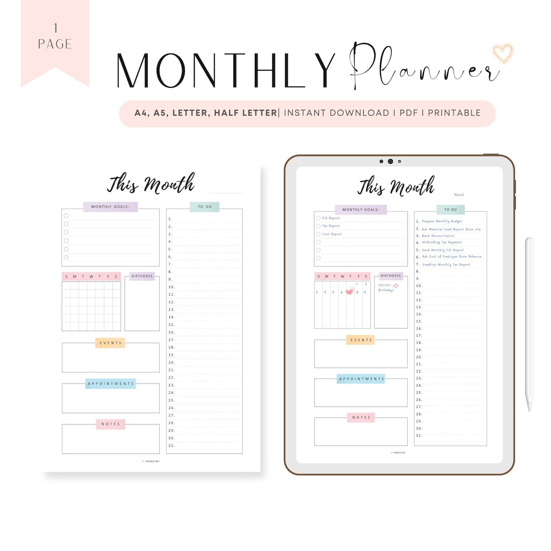 Fillable Monthly Planner Printable, A4 A5 Letter Sizes (PDF) - Etsy