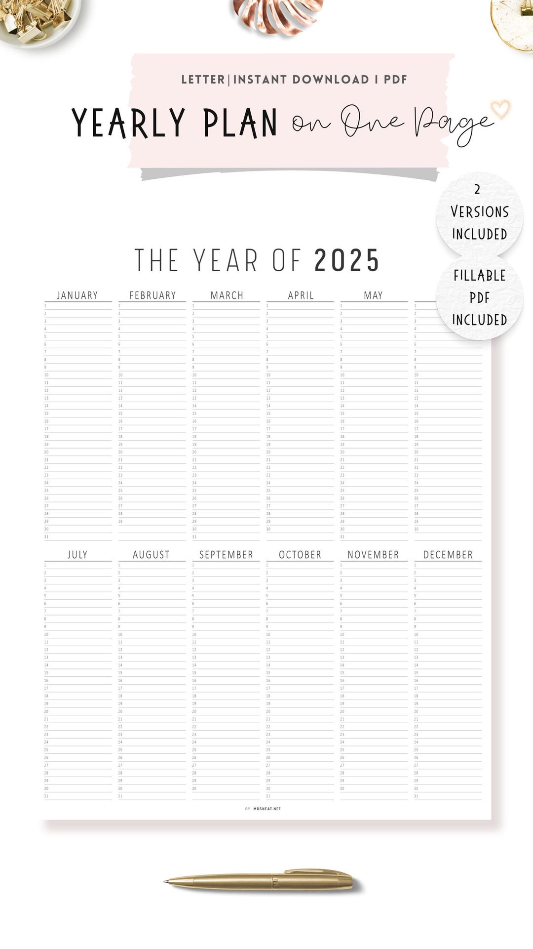Aperçu de l'année à remplir, plan annuel 2025 sur une page, calendrier ...