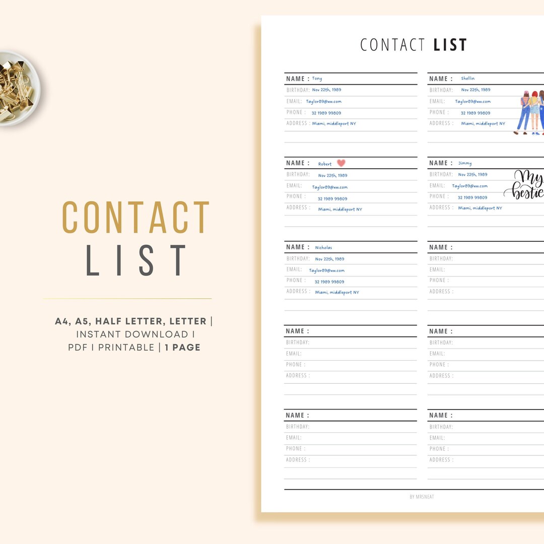 FILLABLE Contact List Planner: PRINTABLE Birthday Tracker (A4, A5 ...