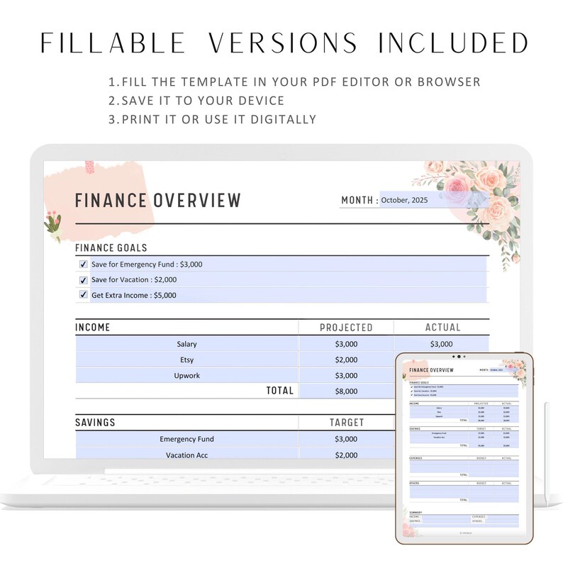 Floral Monthly Finance Overview Printable, Budget Organizer, Income ...