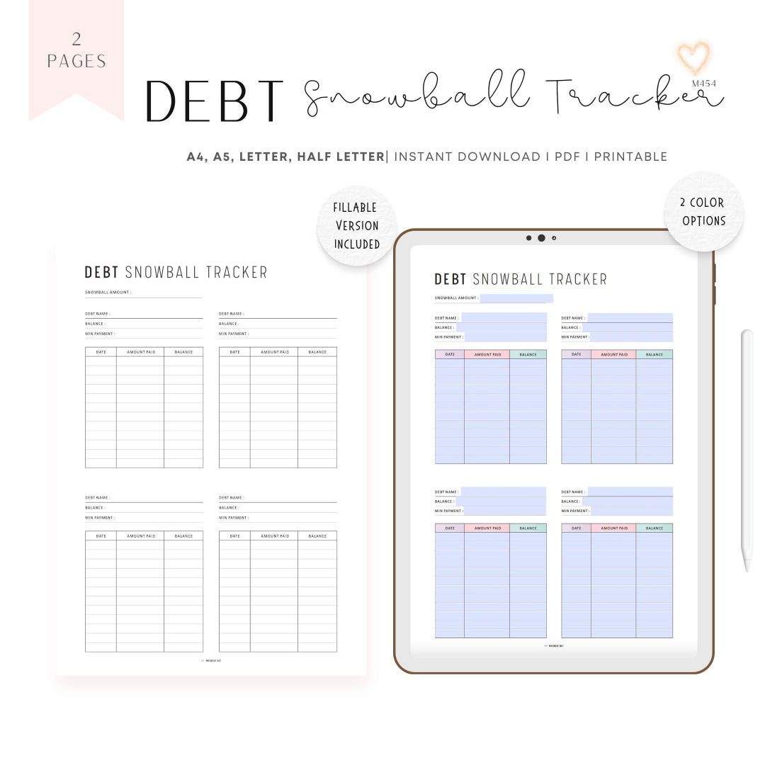 Debt Snowball Tracker PRINTABLE: FILLABLE PDF, 2 Colors (A4, A5, Half ...