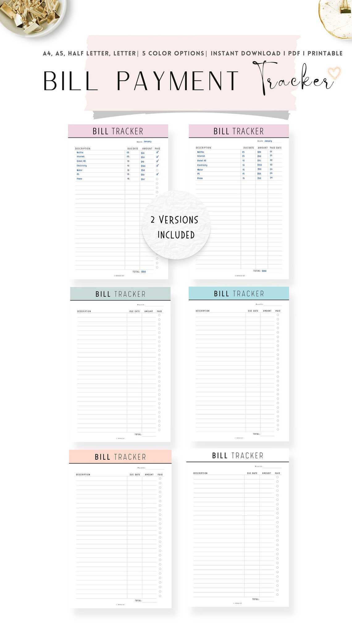 Bill Payment Tracker Printable, Spending Tracker Template, PDF, A4, A5 ...