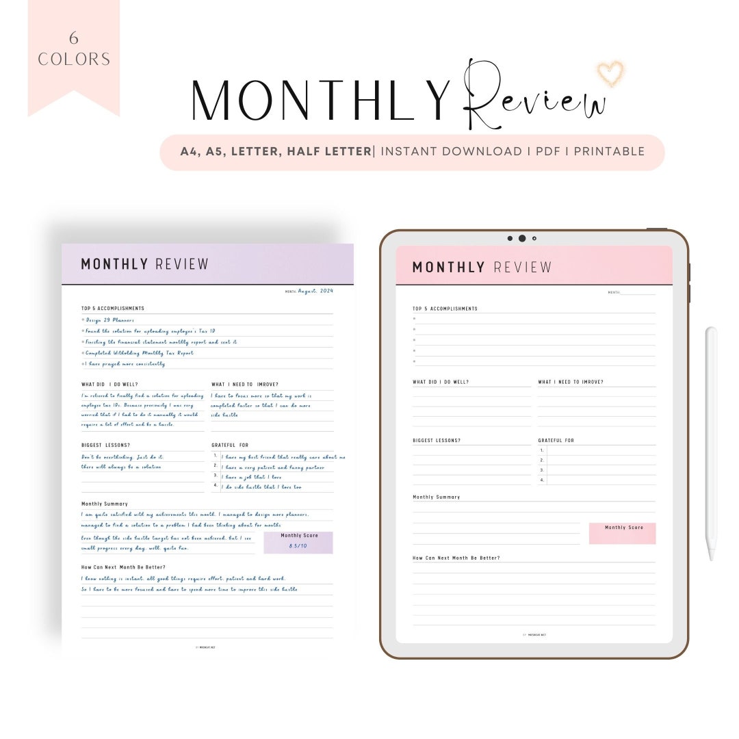 Monthly Review Template Printable, A4, A5, Letter, Half Letter, PDF, 6 ...