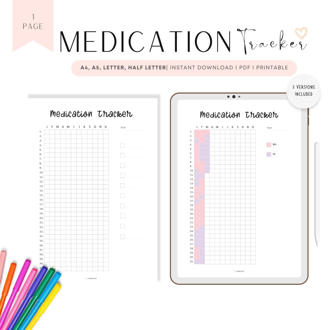 Medication Log Template Printable, One Year Medication Journal, PDF, 2 ...