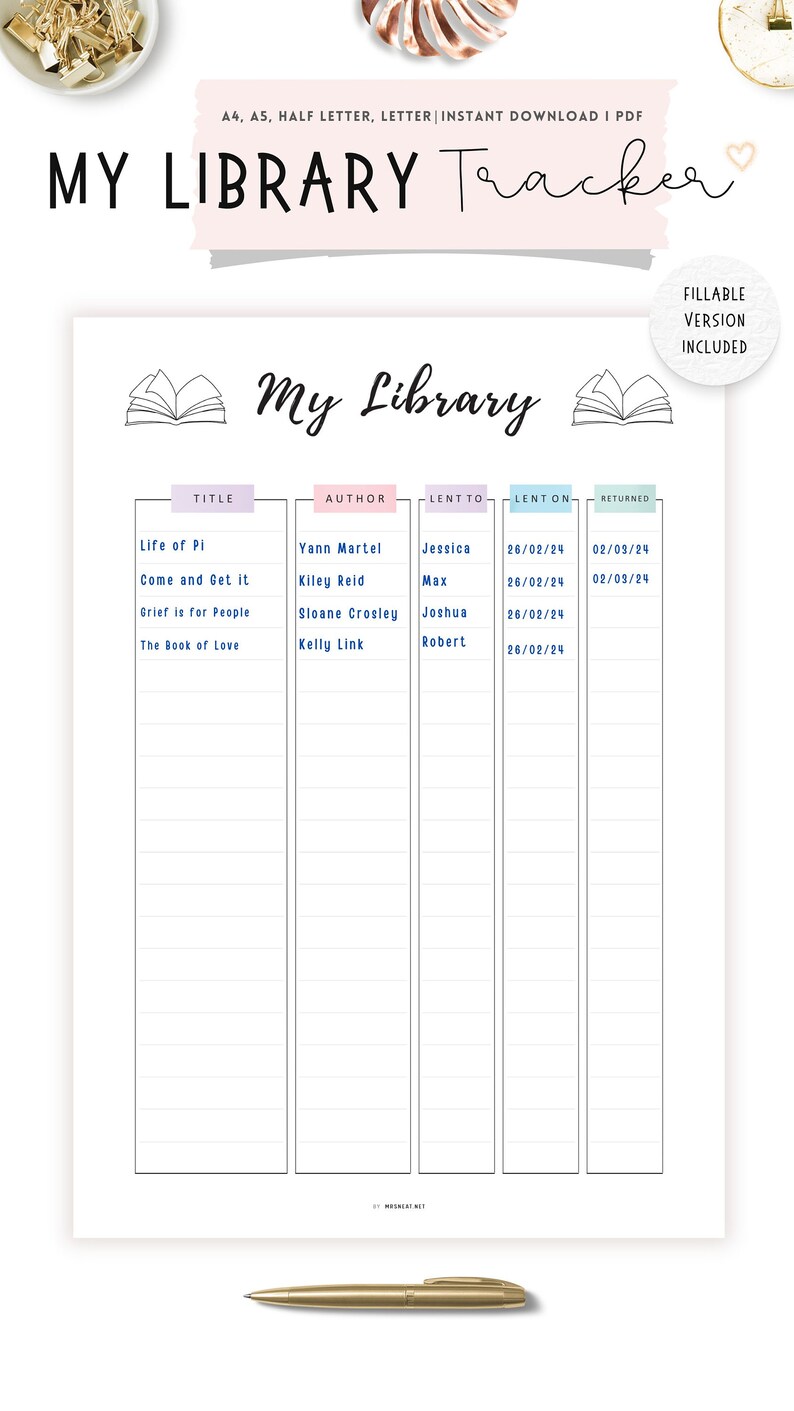 PRINTABLE Library Book Tracker: Borrowing Log, Reading Journal ...
