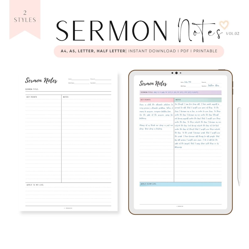 Fillable Sermon Notes Journal Printable, Personal Sermon Notes, Church ...