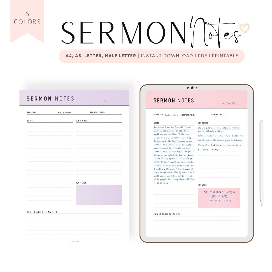 Fillable Sermon Notes Journal, Printable Personal Sermon Notes, Church ...