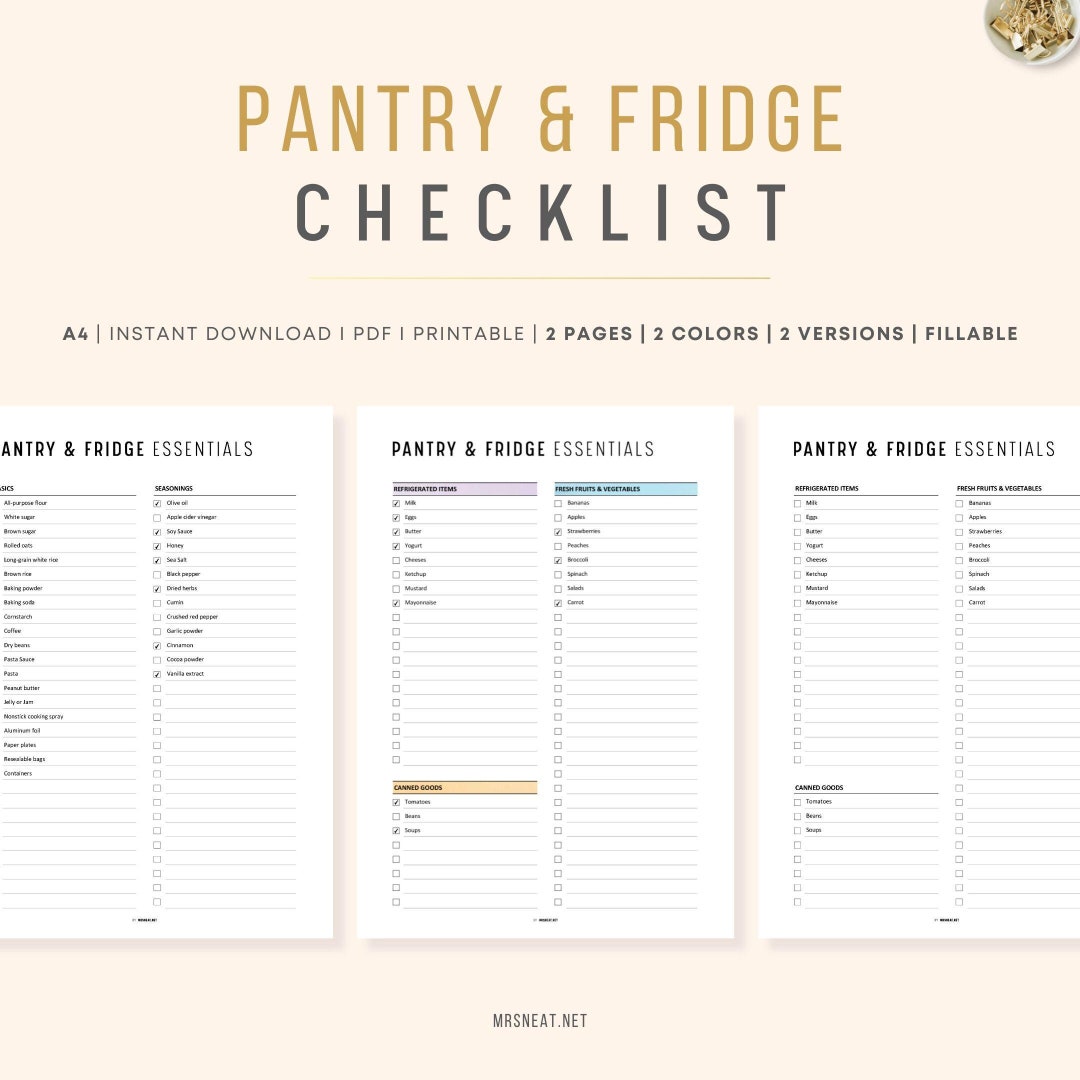 Pantry and Fridge Checklist Printable, Kitchen Inventory, Pantry Stock ...