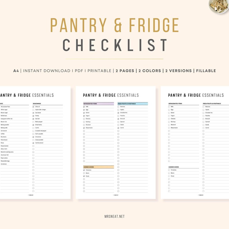 Pantry and Fridge Checklist Printable, Kitchen Inventory, Pantry Stock ...