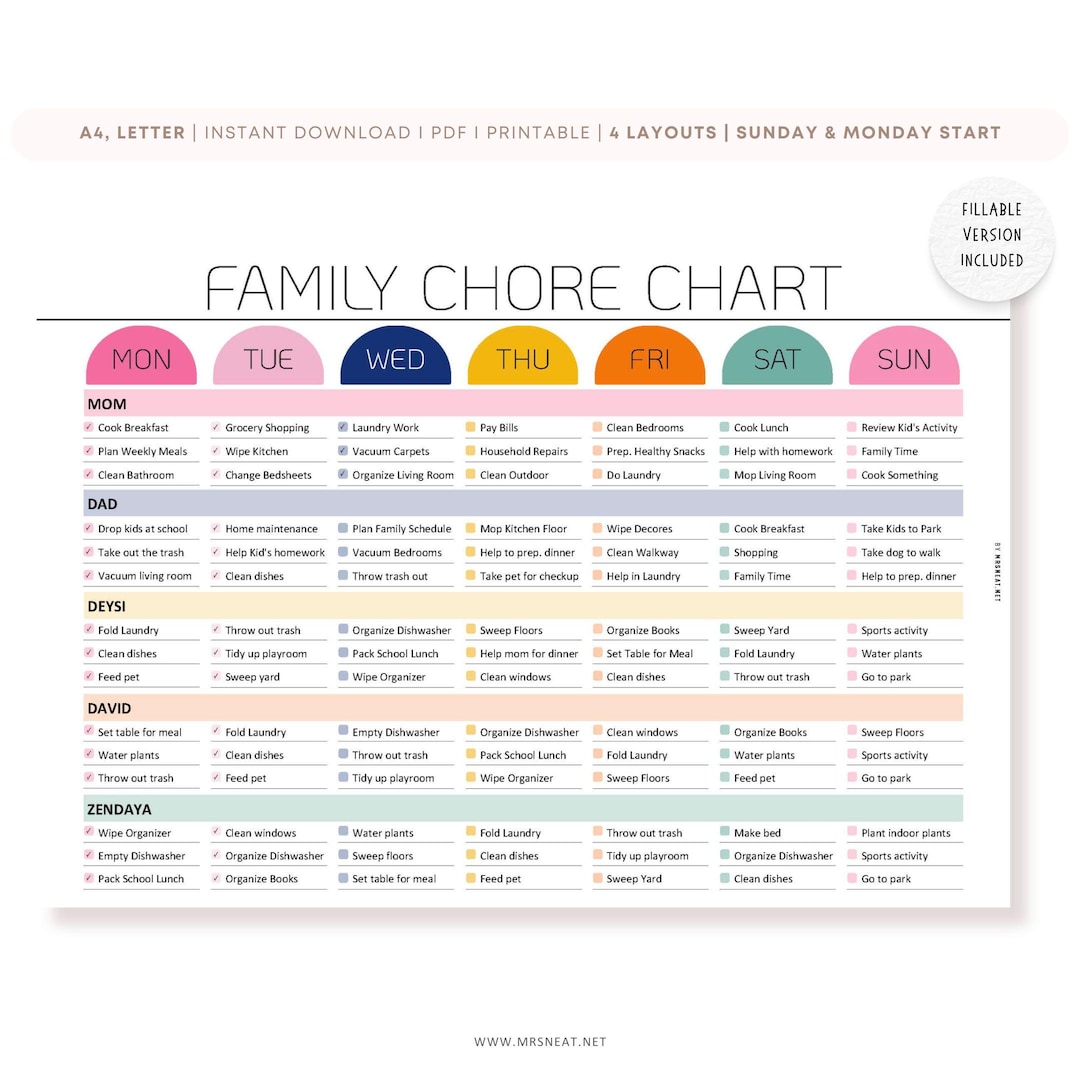 Family Chore Chart: FILLABLE Weekly Planner (printable PDF) - Etsy