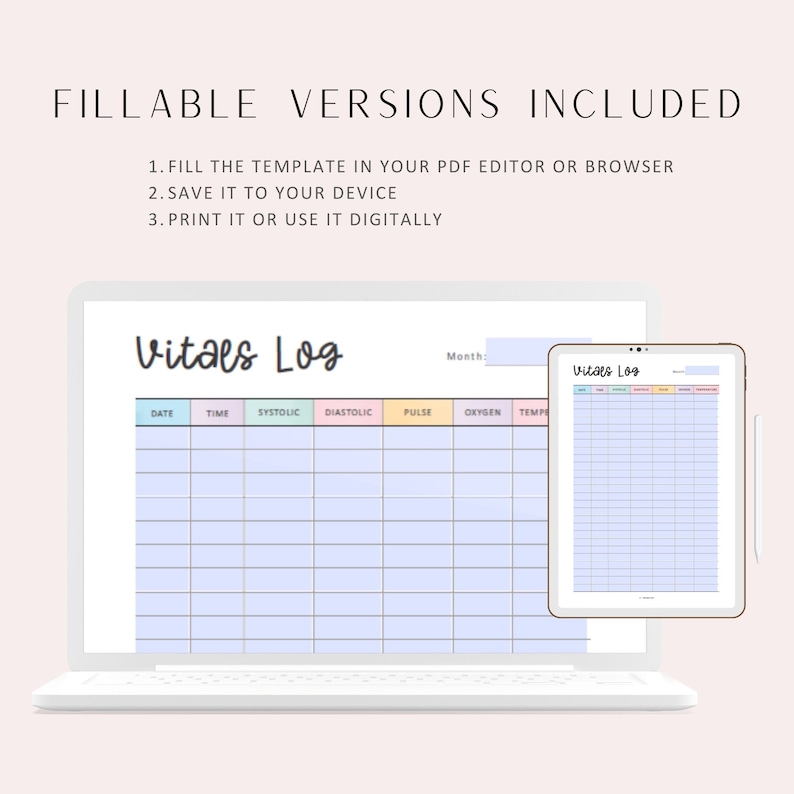 Printable Vitals Log Template, Fillable Blood Pressure Log, Vital Sign ... Printable Vitals Log Template, Fillable Blood Pressure Log, Vital Sign ...