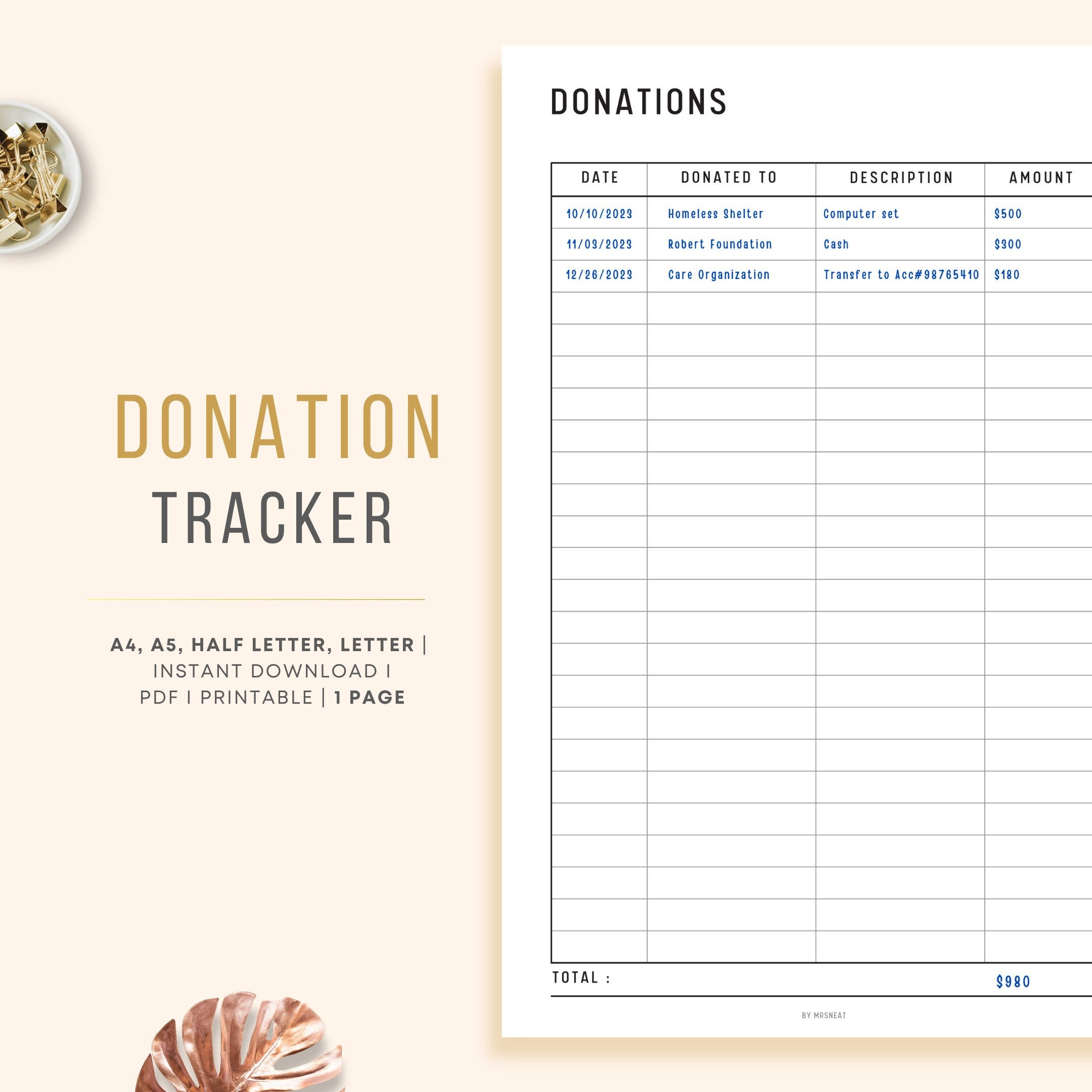 Donation Tracker Printable, Charity Donation Tracker, Charity Donation ...