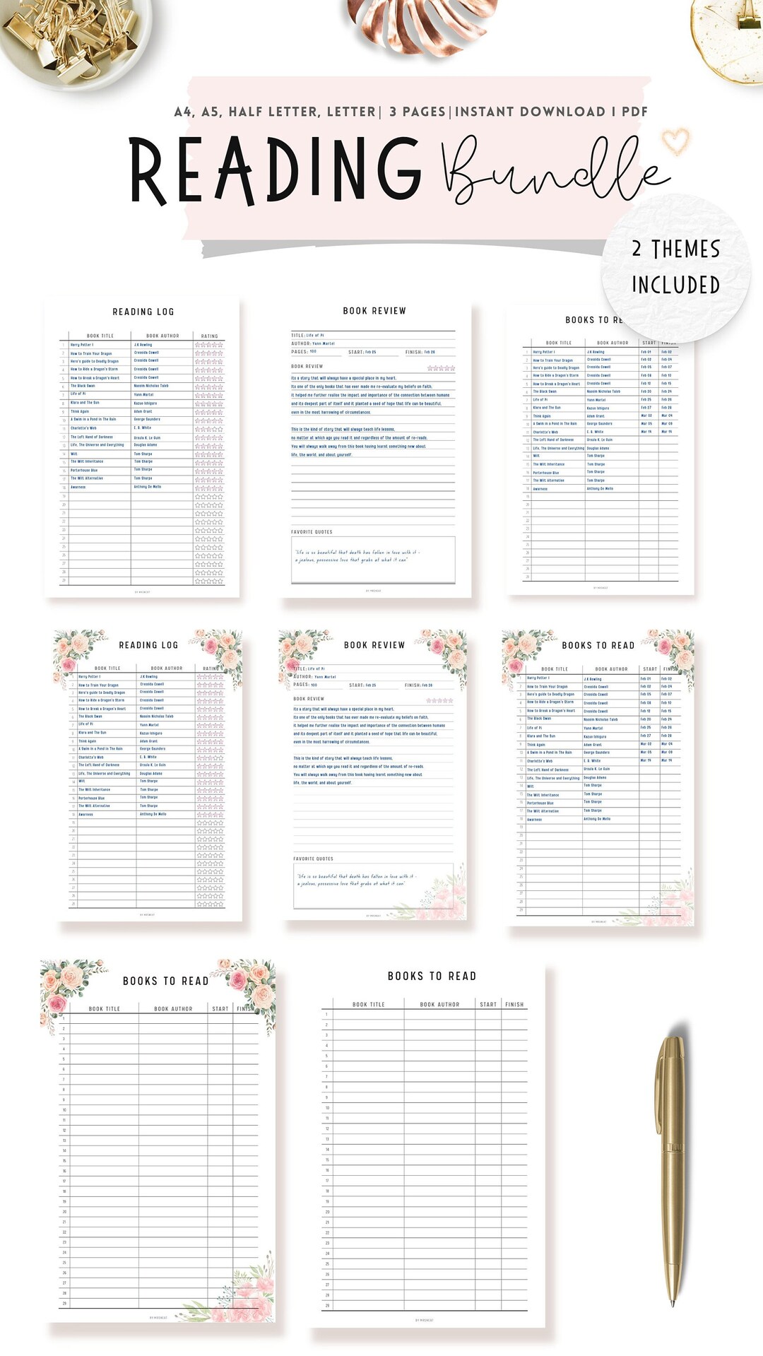 Reading Planner Bundle, Book Review, Reading Log, Books to Read List ...