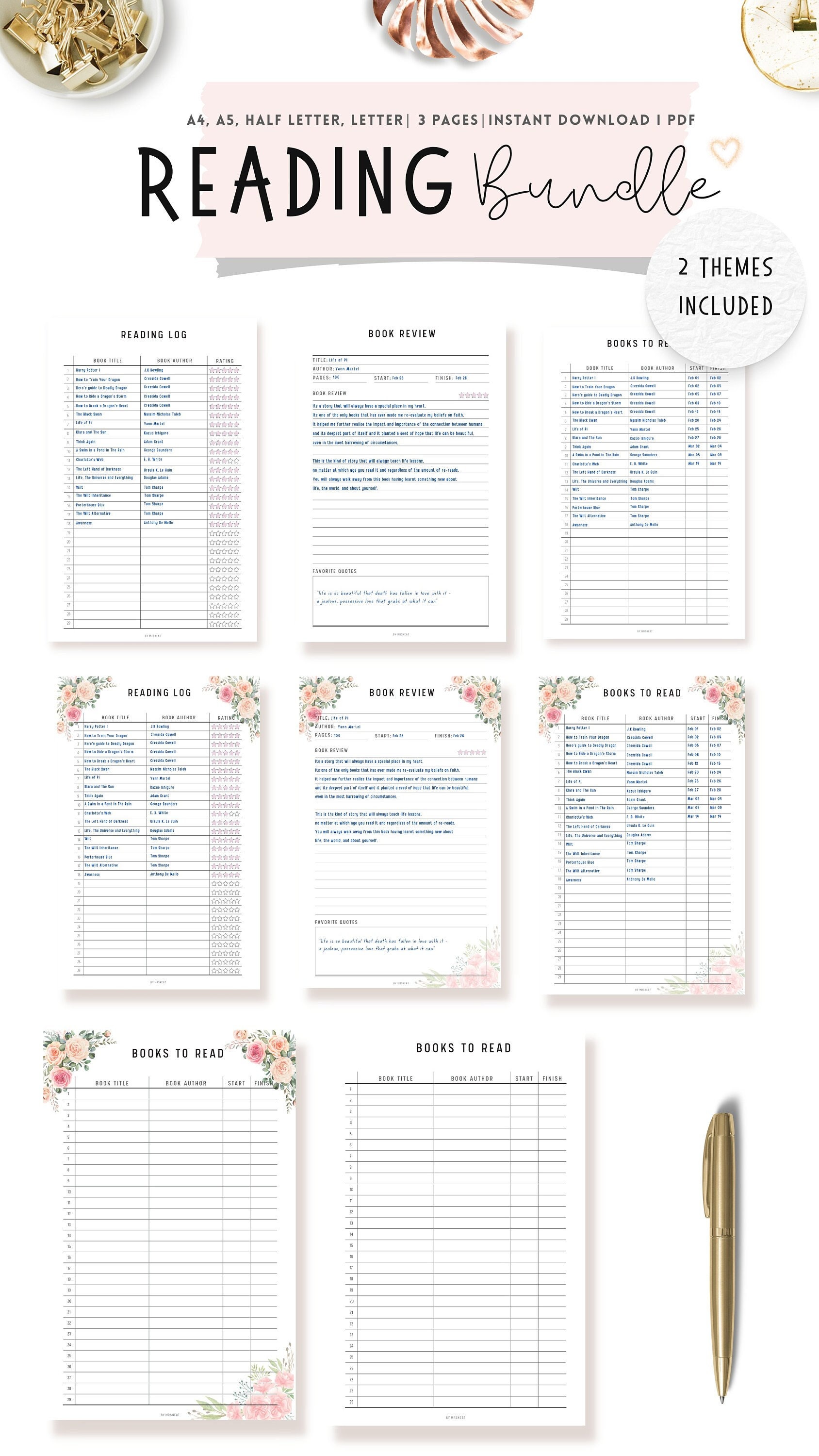 Reading Planner Bundle, Book Review, Reading Log, Books to Read List ...