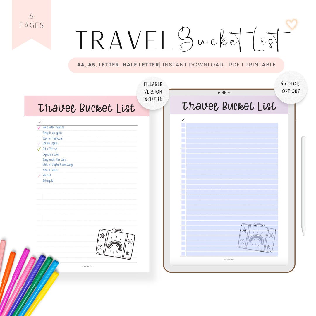Printable Travel Bucket List Template, Fillable Bucket List Journal ...
