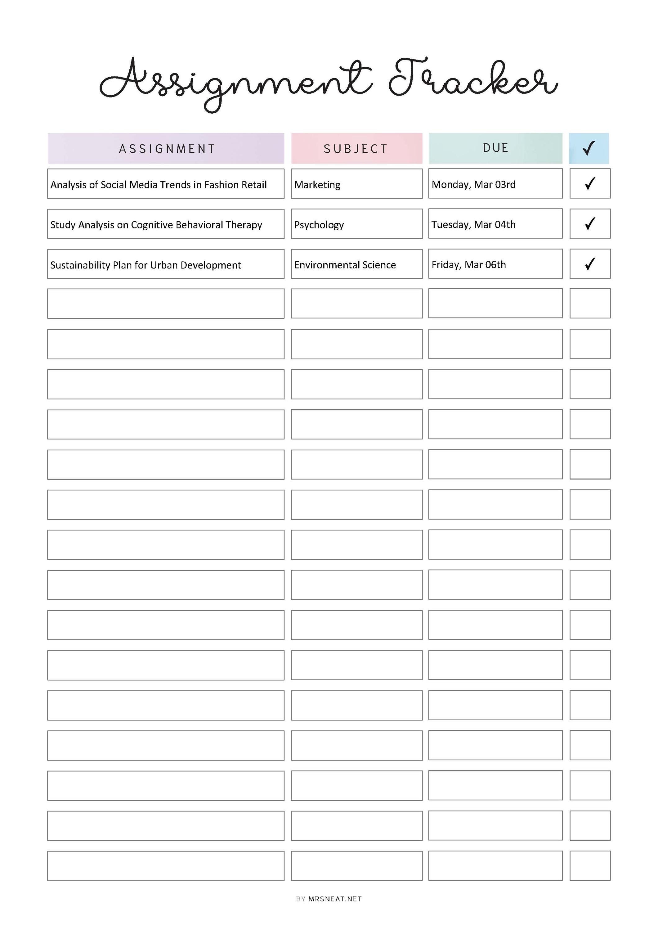 Fillable Assignment Tracker Printable, Student Journal, Student Planner ...