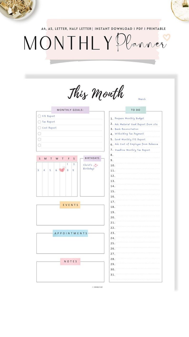 Fillable Monthly Planner Template Printable, Monthly Organizer, Monthly ...