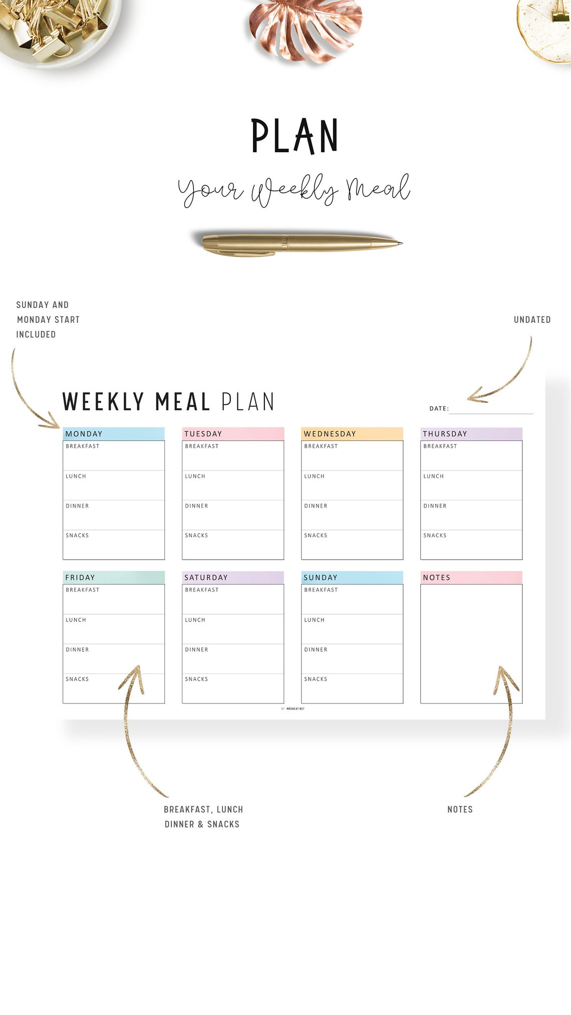 Colorful Printable Weekly Meal Planner Landscape, Food Diary, Meal ...