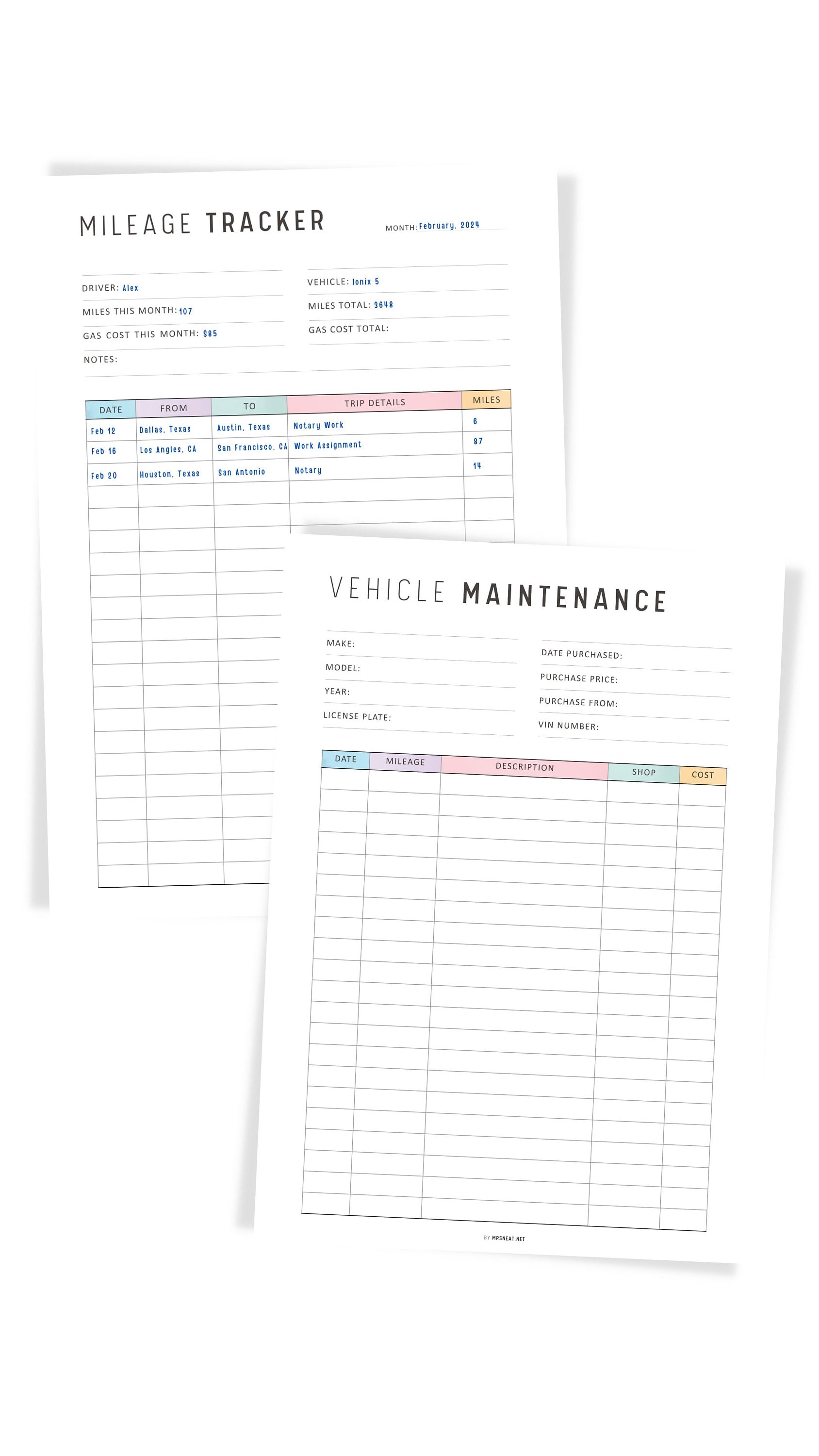 Mileage Tracker Printable, Mileage Log Template, Colorful Page ...