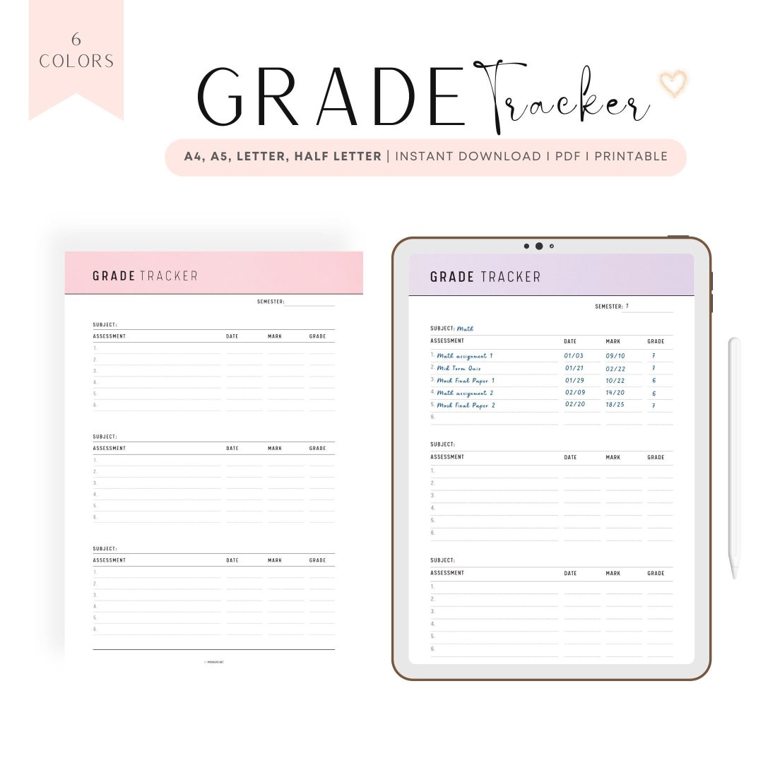 Printable Grade Tracker Template, Fillable Grade Planner, PDF, A4, A5 ...