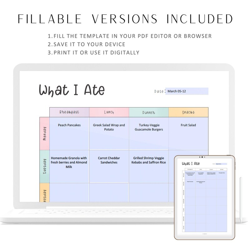 Fillable Food Journal Template Printable, What I Ate Planner, Weekly ...