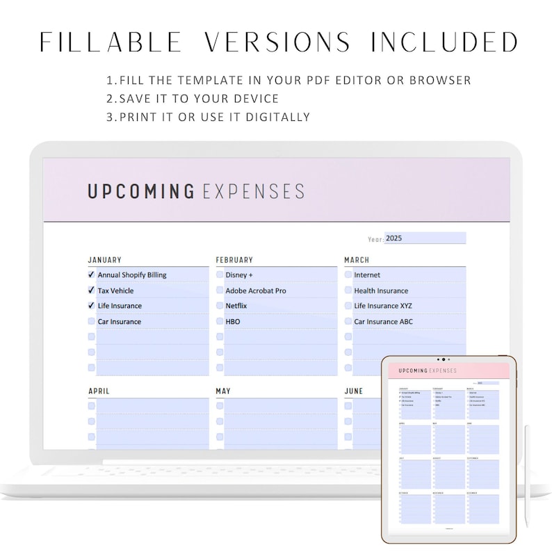 Fillable Upcoming Expenses Printable, Budget Plan, Yearly Spending ...
