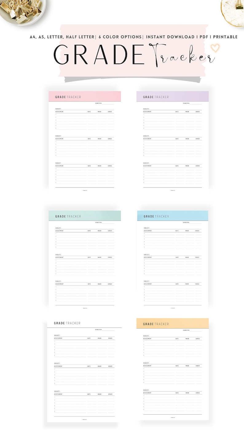 Printable Grade Tracker Template, Fillable Grade Planner, PDF, A4, A5 ...