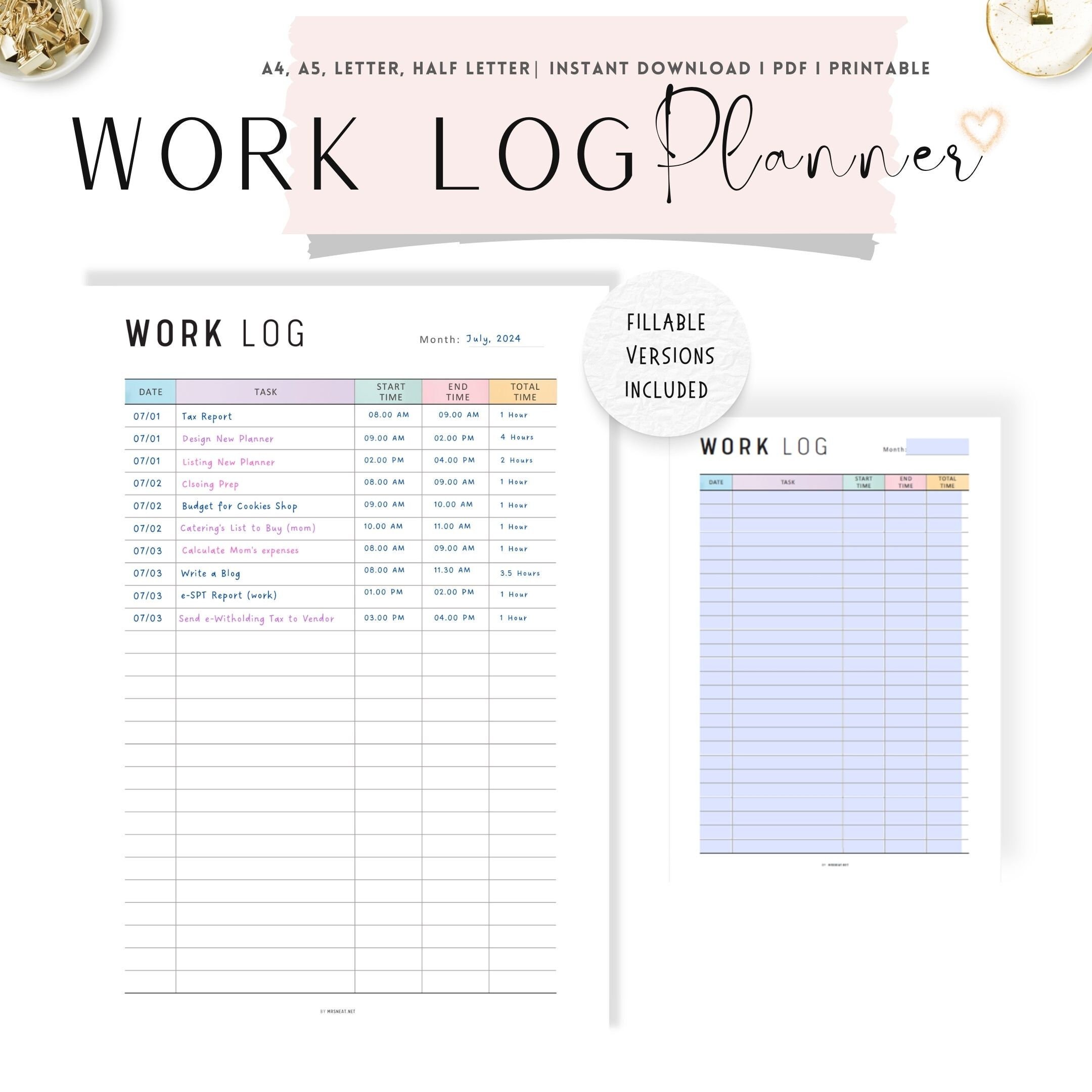 Editable Work Log Template, Work Log Printable, Monthly Work Log ...