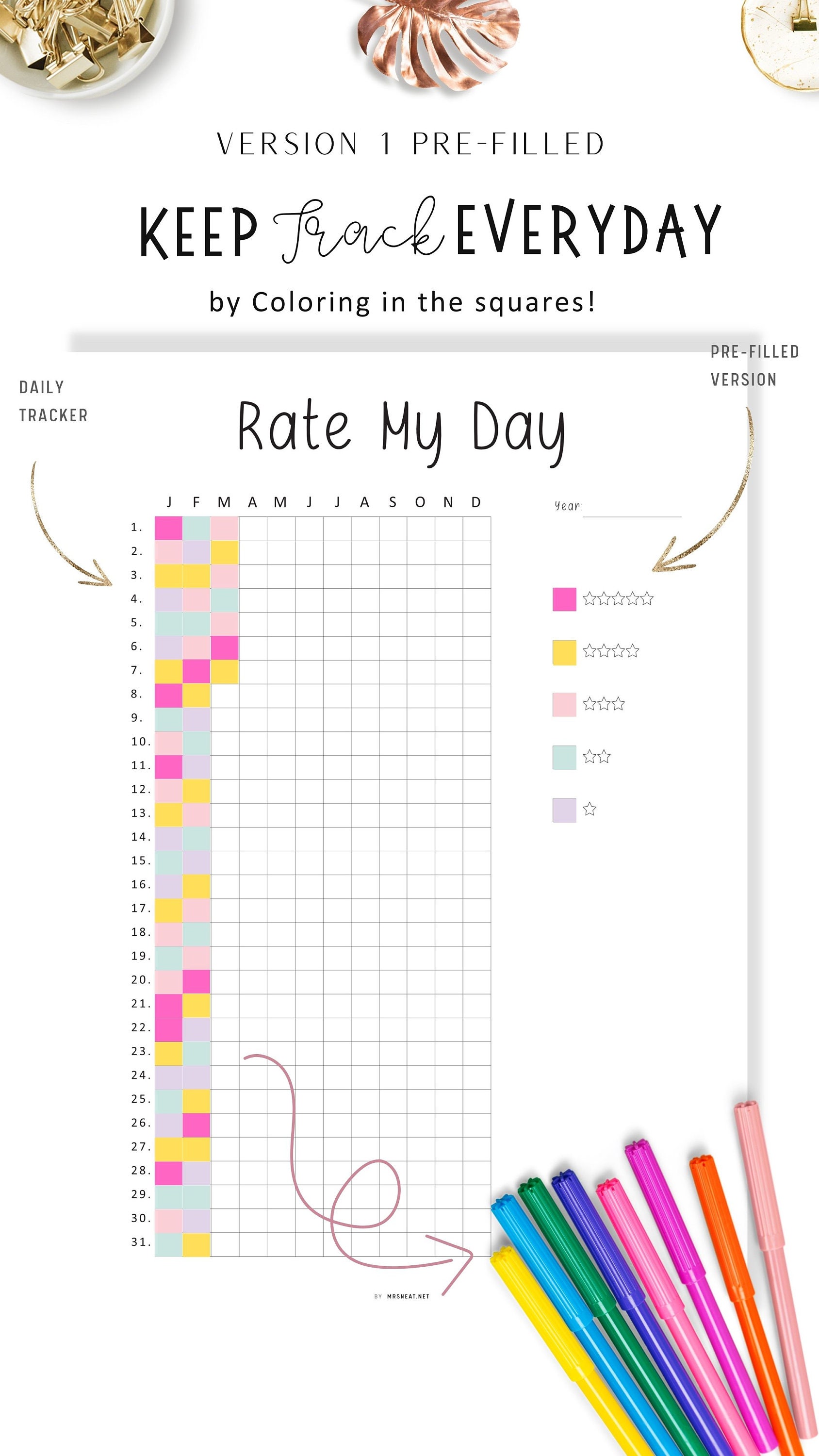 Rate My Day Tracker Printable, Daily Rating Planner, Yearly Day Rating ...