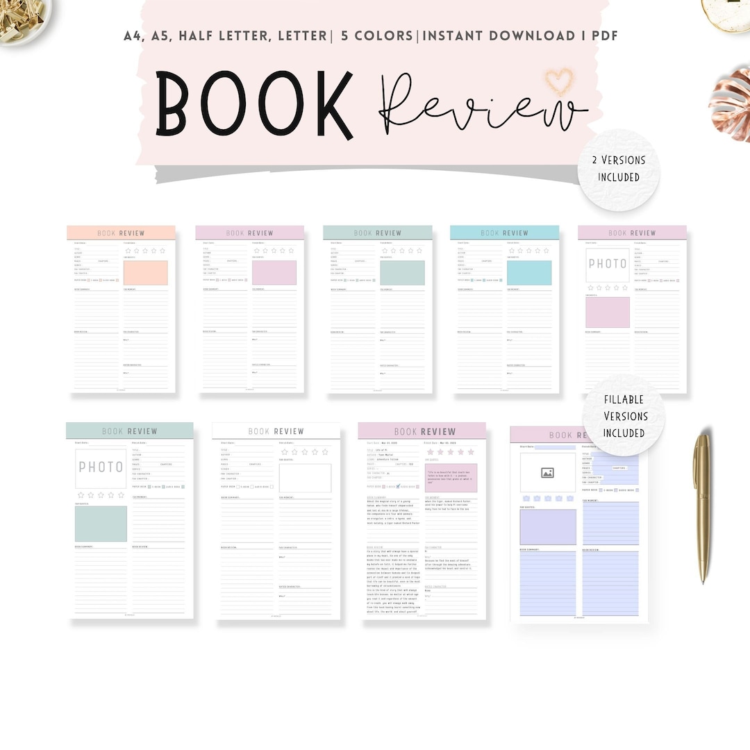 FILLABLE Book Review Planner: Reading Tracker, 5 Colors, 2 Versions ...