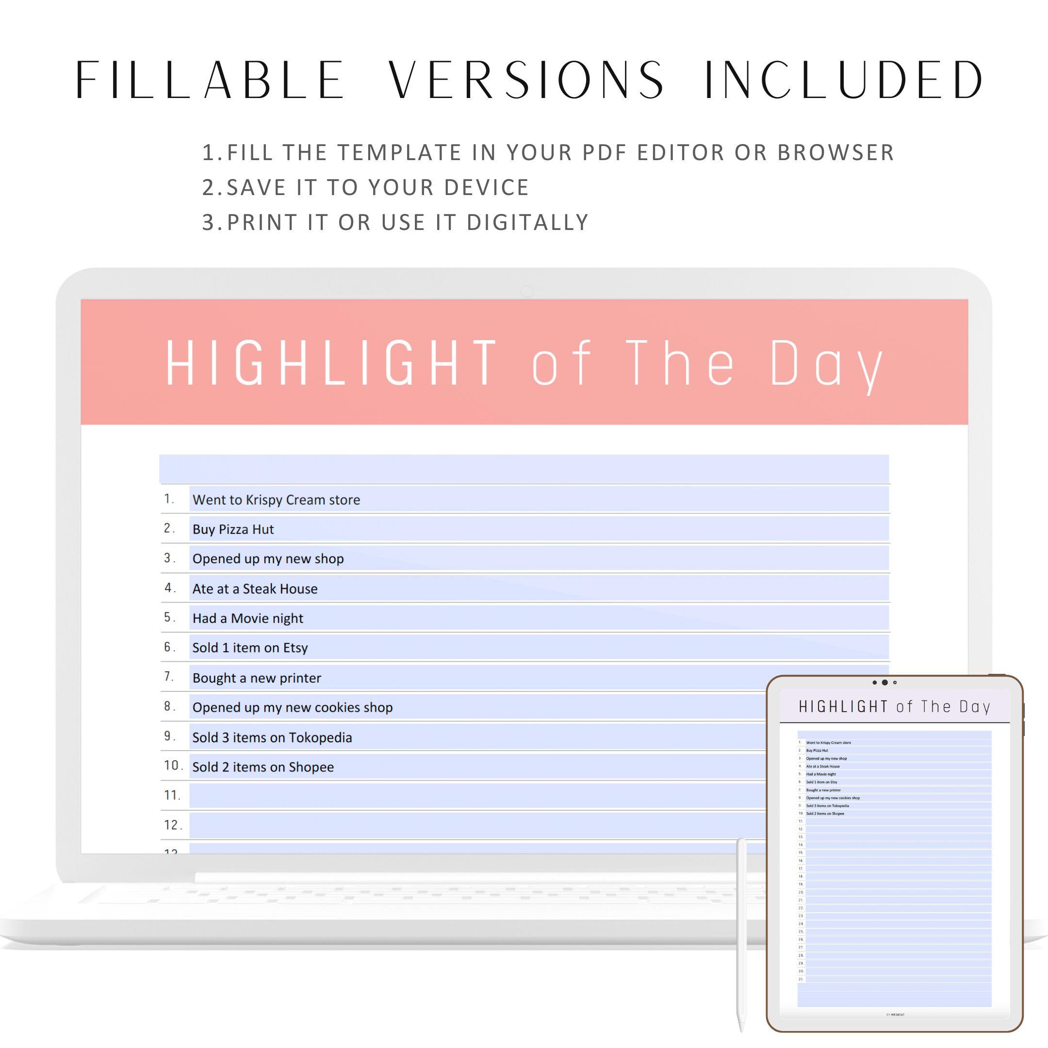 PRINTABLE Highlight of the Day Template, Day Highlight Page, Memory ...