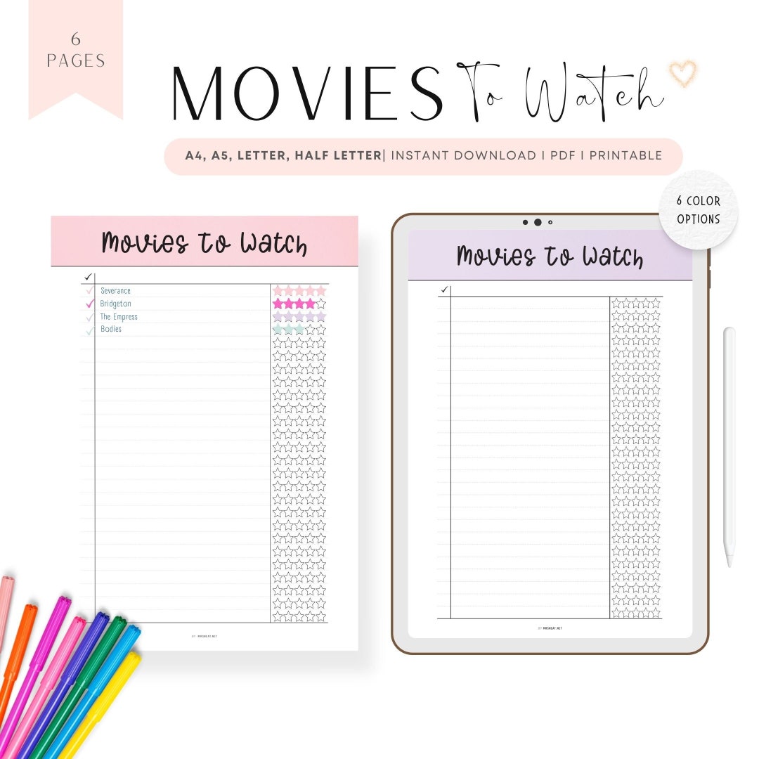 Printable Movies to Watch, Watch List Template, Fillable Movies to ...