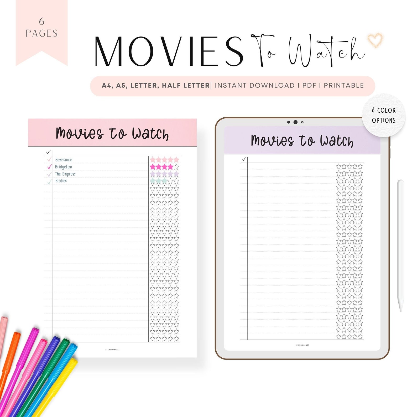 Printable Movies to Watch, Watch List Template, Fillable Movies to ...