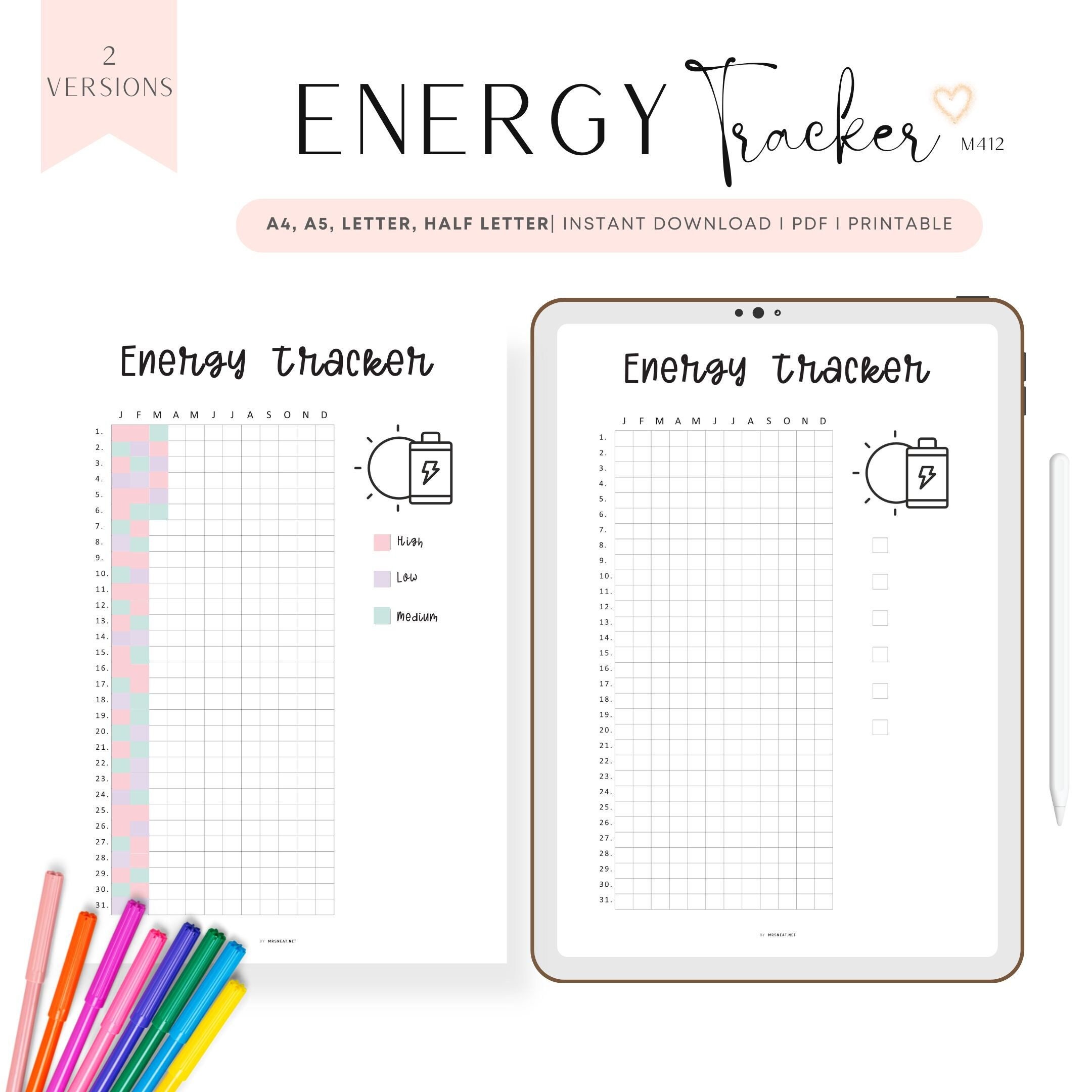 Yearly Energy Tracker Template Printable, Mood Tracker, Health Journal ...