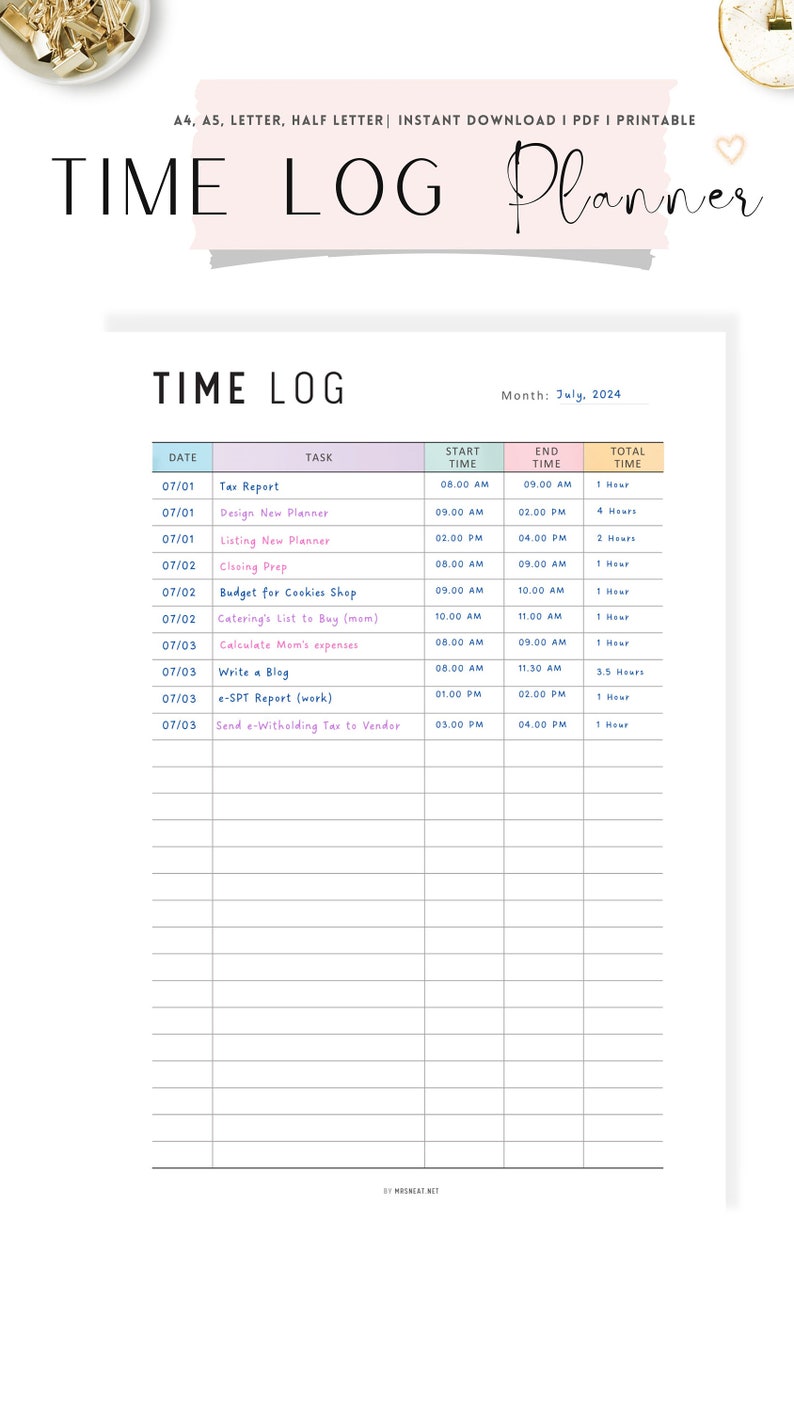 Time Management Planner Printable, Fillable Time Log Template, Monthly ...