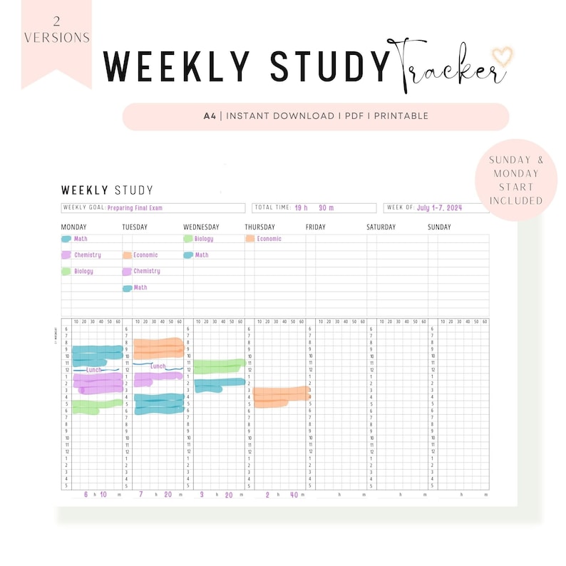 Weekly Study Planner Template, Study Tracker Printable, Weekly Schedule ...