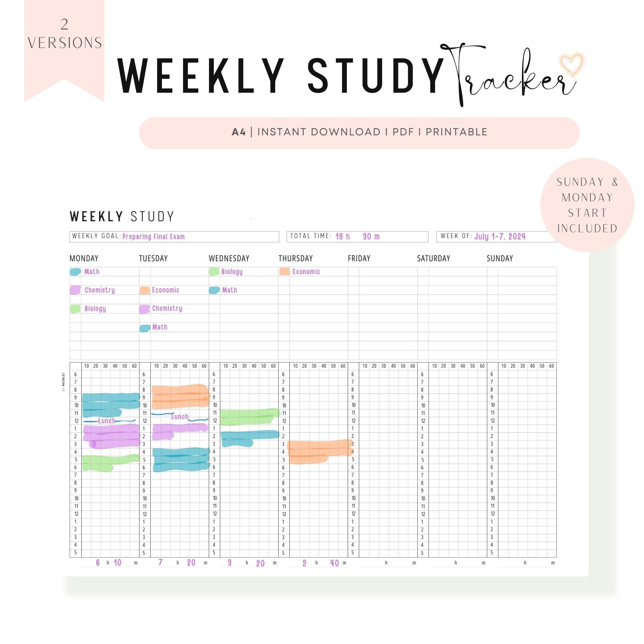 Weekly Study Planner Template, Study Tracker Printable, Weekly Schedule ...