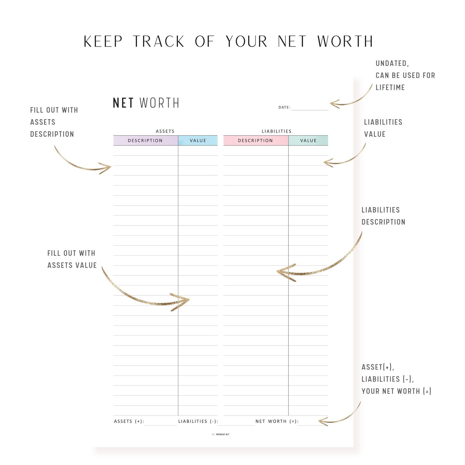 Net Worth Tracker Printable, Fillable Net Worth Calculator, Net Worth ...