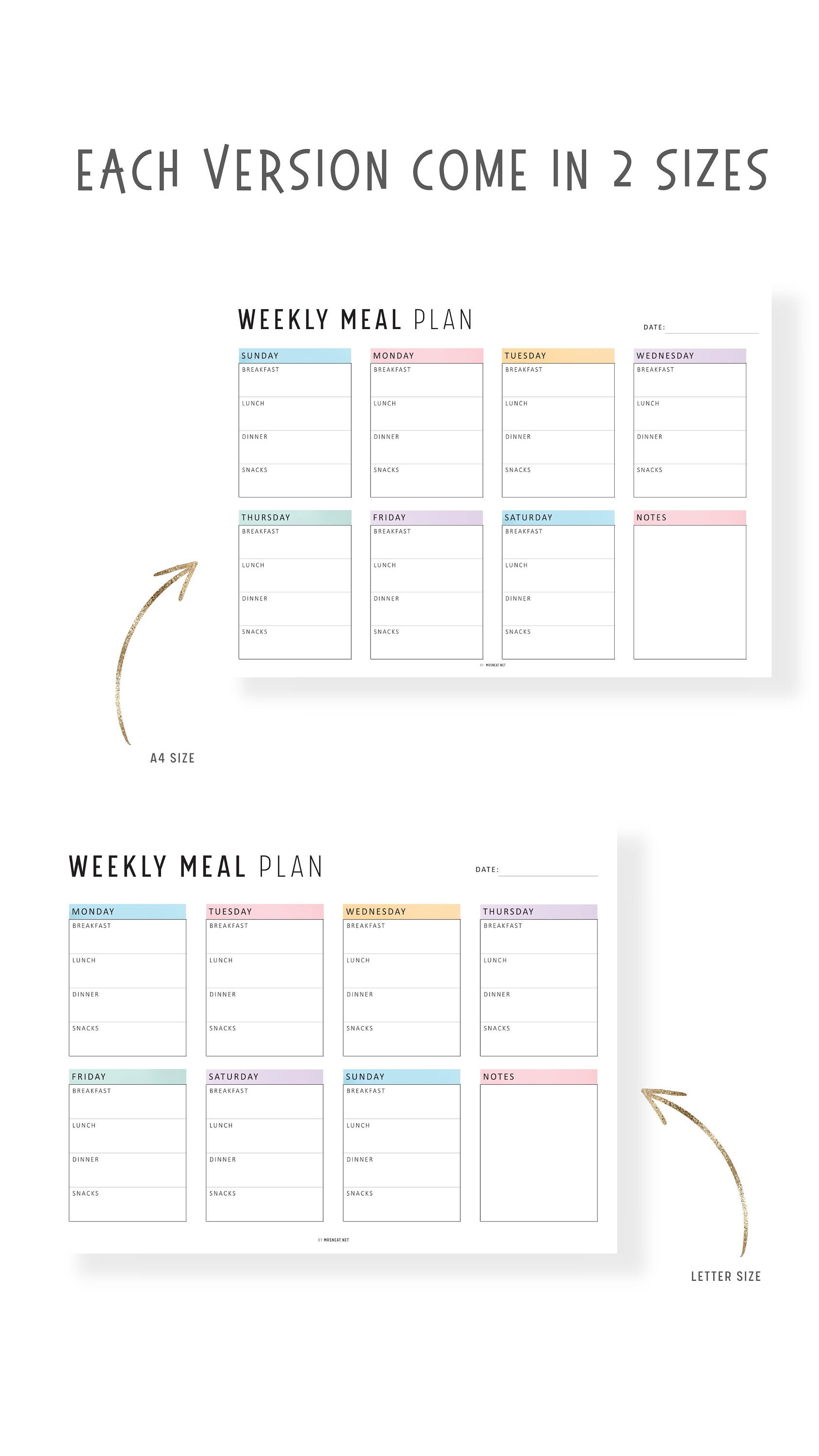 Colorful Printable Weekly Meal Planner Landscape, Food Diary, Meal ...