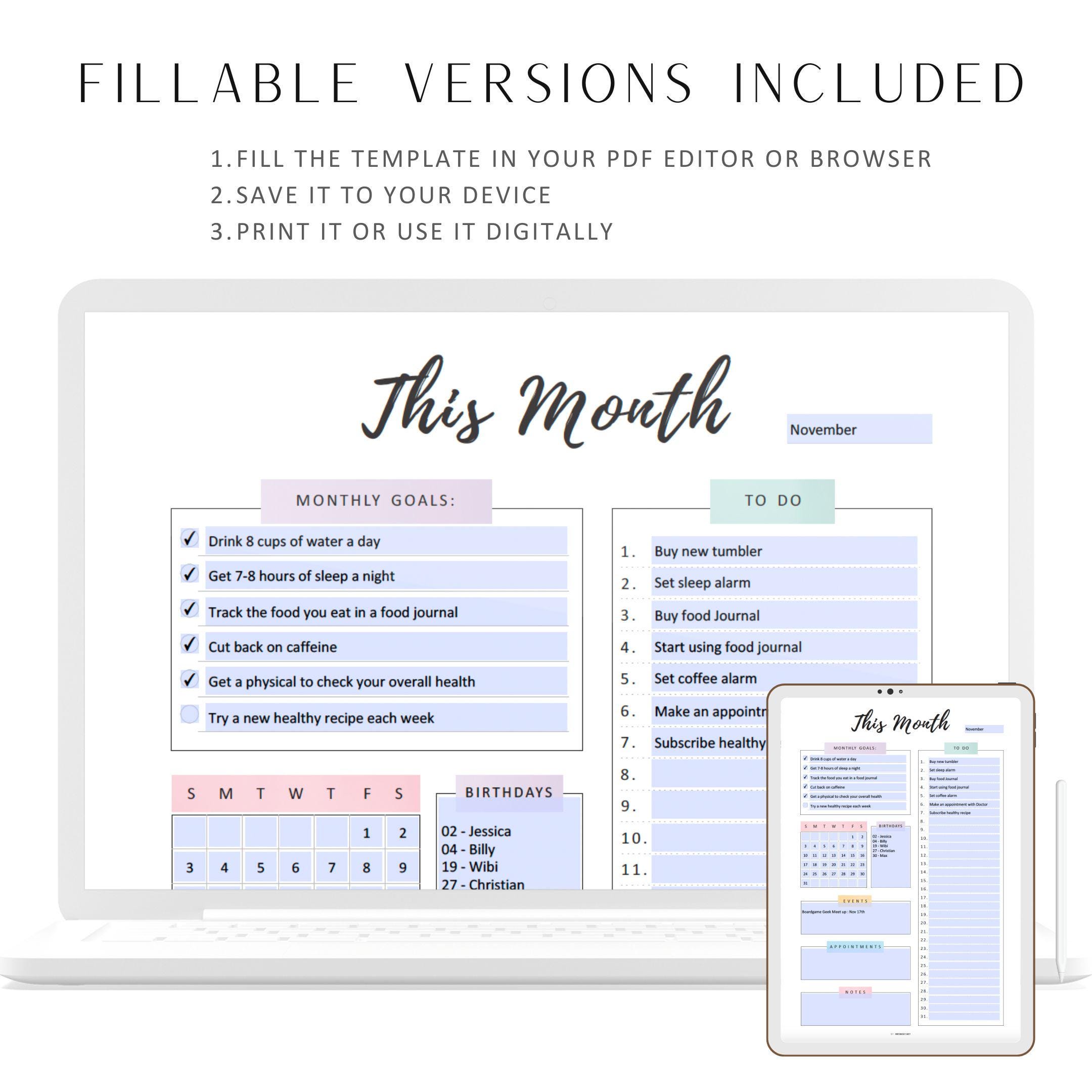 Fillable Monthly Planner Template Printable, Monthly Organizer, Monthly ...