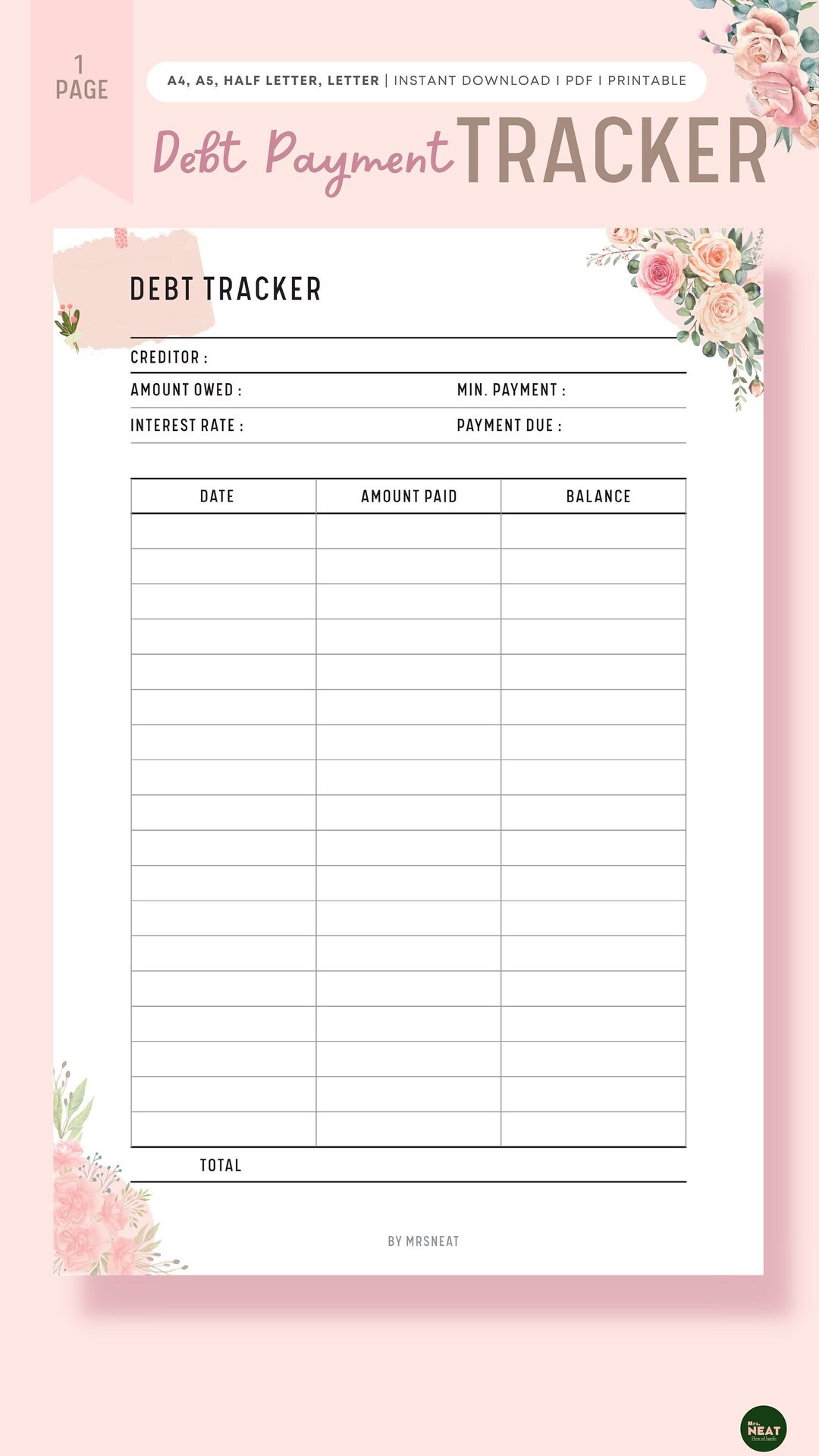 Floral Debt Payment Tracker Printable, Debt Tracker Printable, Debt ...