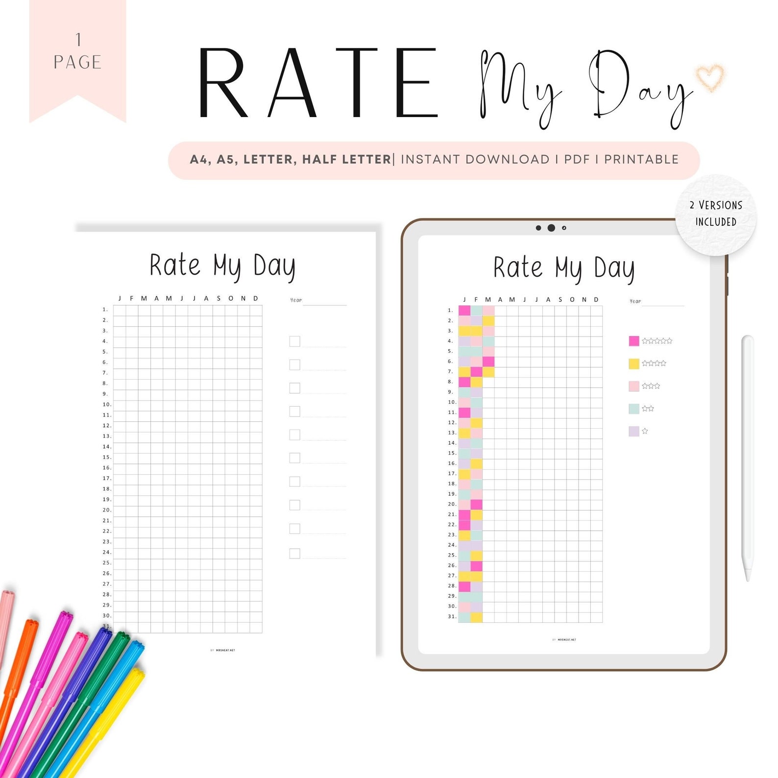 Rate My Day Tracker Printable, Daily Rating Planner, Yearly Day Rating ...
