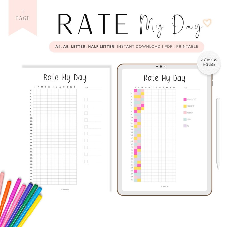 Rate My Day Tracker Printable, Daily Rating Planner, Yearly Day Rating ...