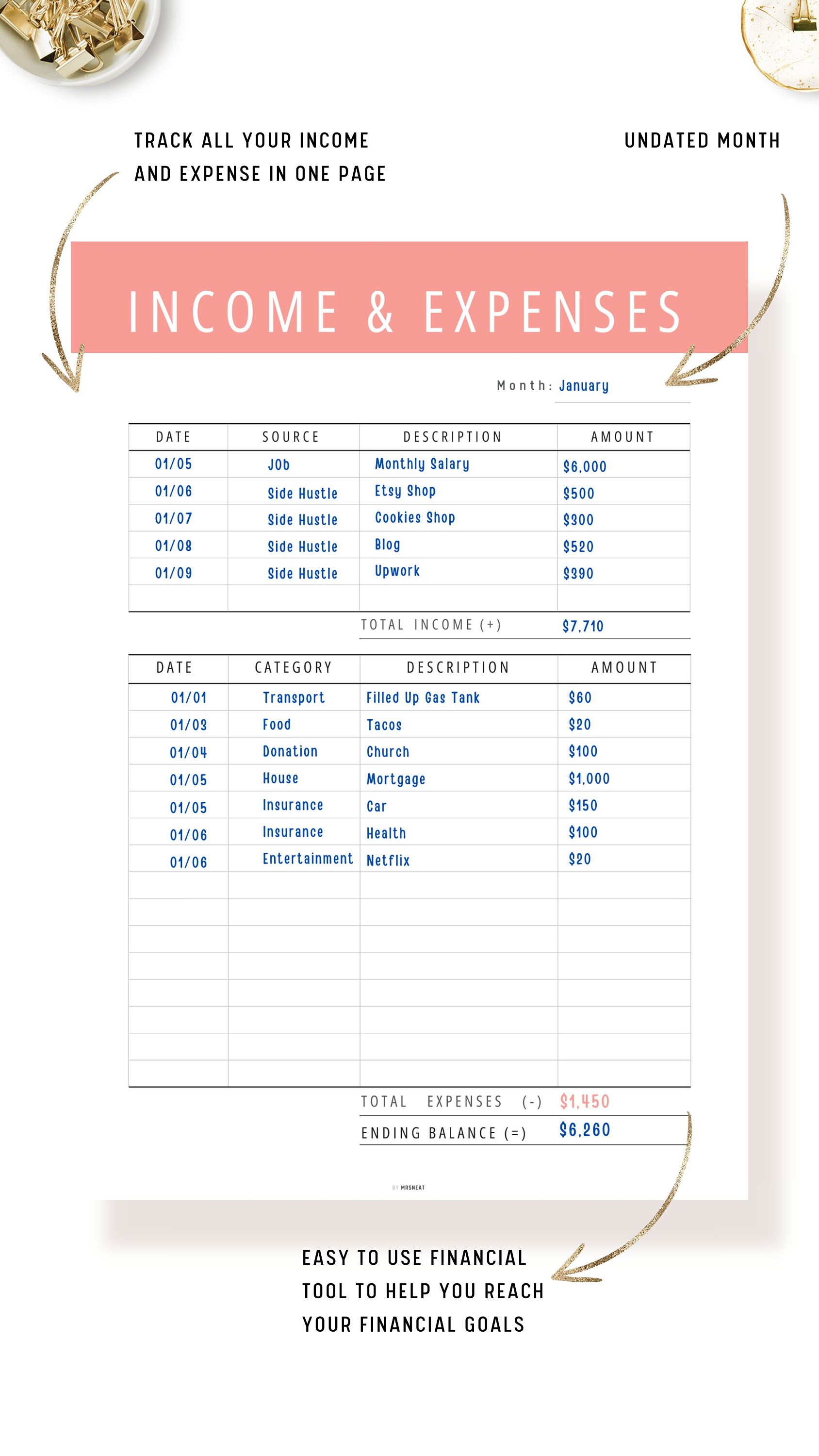 Income and Expense Tracker Template Printable, Income and Expenses in ...