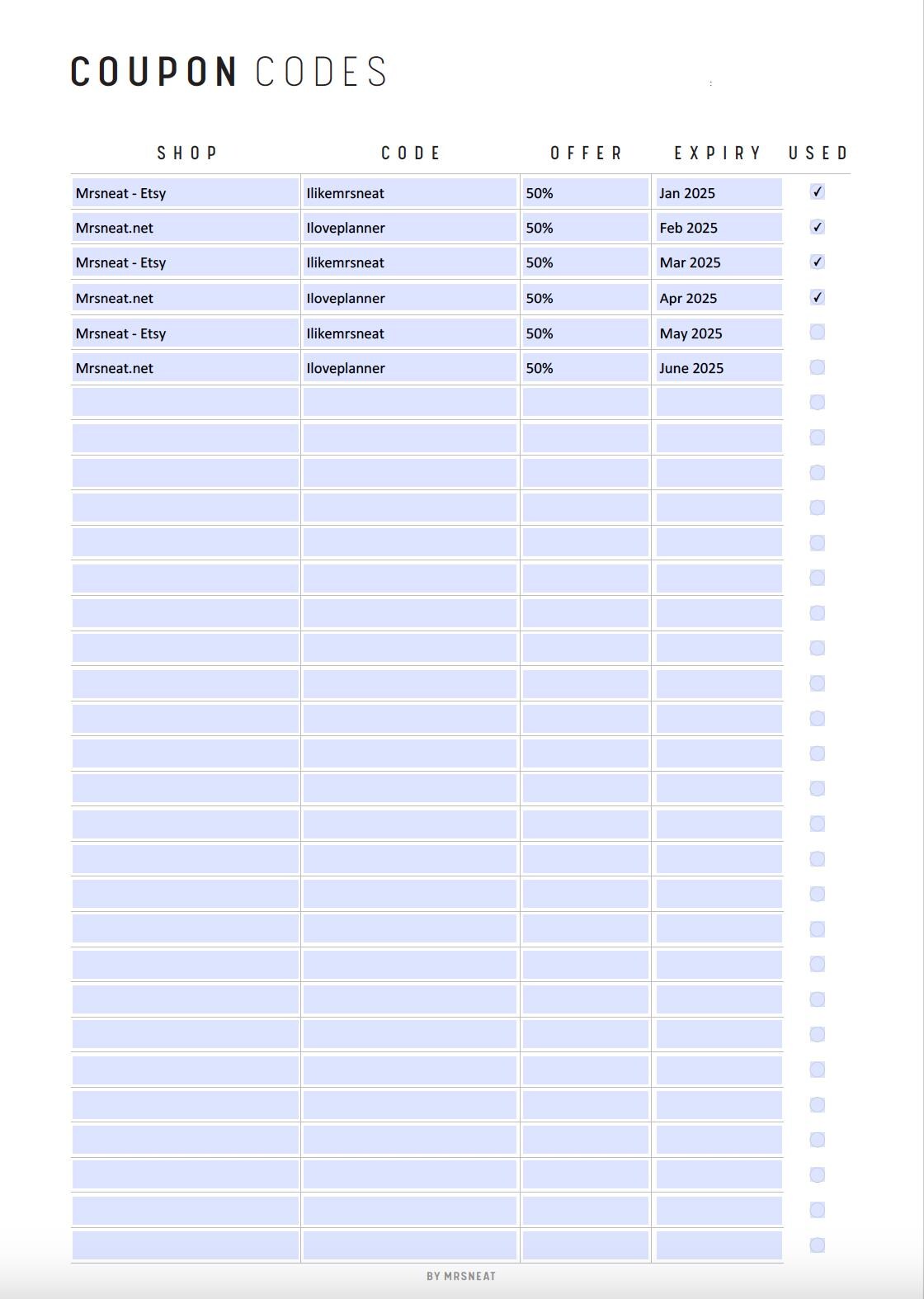 Fillable Coupon Code Tracker PRINTABLE, Coupon Code Template, Coupon ...