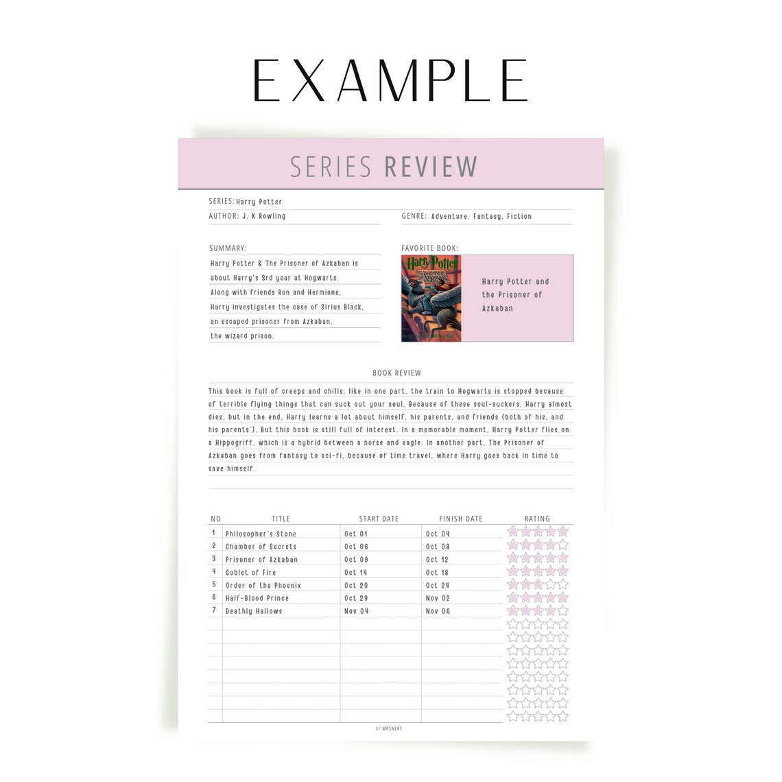 Book Series Review Template Printable, A4, A5, Letter, Half Letter, Pdf ...